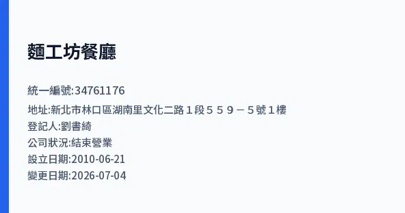 麵工坊餐廳的照片-統編 34761176(新北市) 公司登記資料與營業項目詳細圖表