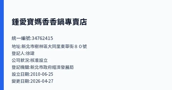 鍾愛寶媽香香鍋專賣店的照片-統編 34762415(新北市) 公司登記資料與營業項目詳細圖表