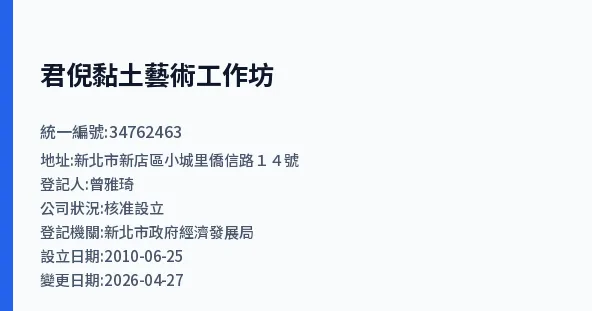 君倪黏土藝術工作坊的照片-統編 34762463(新北市) 公司登記資料與營業項目詳細圖表