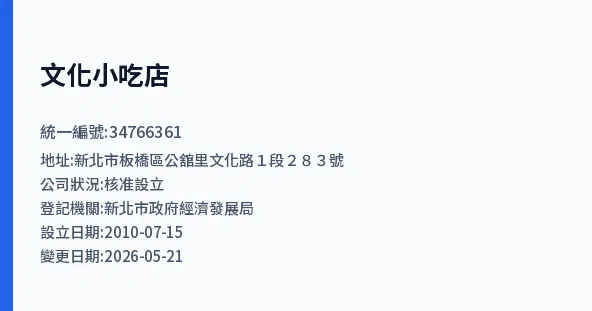 文化小吃店的照片-統編 34766361(新北市) 公司登記資料與營業項目詳細圖表