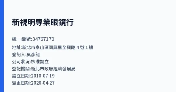 新視明專業眼鏡行的照片-統編 34767170(新北市) 公司登記資料與營業項目詳細圖表