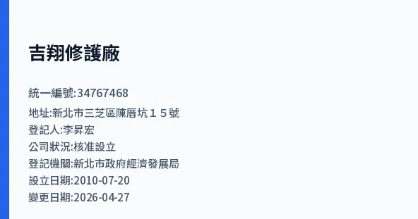 吉翔修護廠的照片-統編 34767468(新北市) 公司登記資料與營業項目詳細圖表