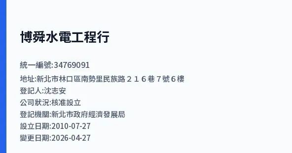 博舜水電工程行的照片-統編 34769091(新北市) 公司登記資料與營業項目詳細圖表