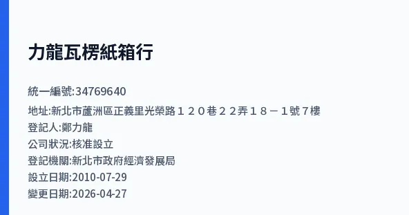 力龍瓦楞紙箱行的照片-統編 34769640(新北市) 公司登記資料與營業項目詳細圖表