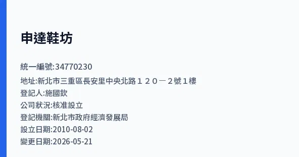申達鞋坊的照片-統編 34770230(新北市) 公司登記資料與營業項目詳細圖表