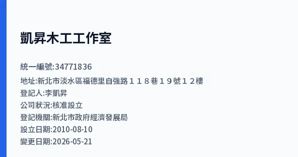凱昇木工工作室的照片-統編 34771836(新北市) 公司登記資料與營業項目詳細圖表