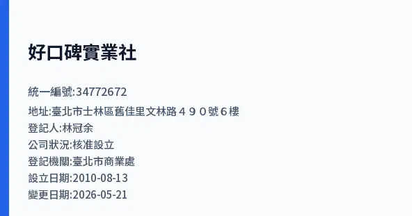 好口碑實業社的照片-統編 34772672(臺北市) 公司登記資料與營業項目詳細圖表