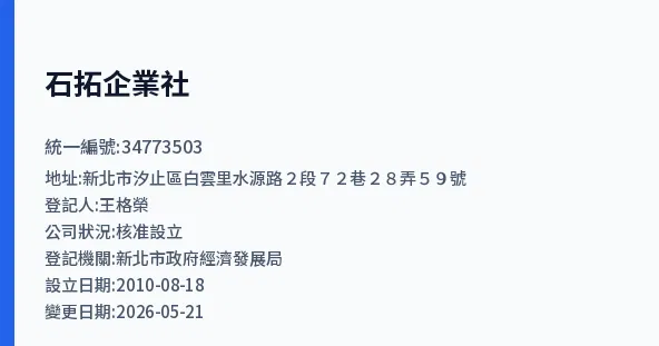 石拓企業社的照片-統編 34773503(新北市) 公司登記資料與營業項目詳細圖表