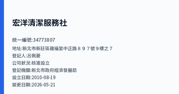 宏洋清潔服務社的照片-統編 34773807(新北市) 公司登記資料與營業項目詳細圖表