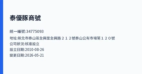 泰優豚商號的照片-統編 34775093(新北市) 公司登記資料與營業項目詳細圖表