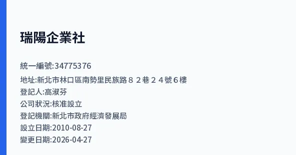 瑞陽企業社的照片-統編 34775376(新北市) 公司登記資料與營業項目詳細圖表