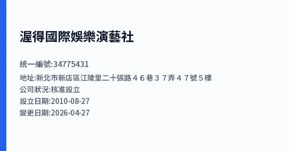 渥得國際娛樂演藝社的照片-統編 34775431(新北市) 公司登記資料與營業項目詳細圖表