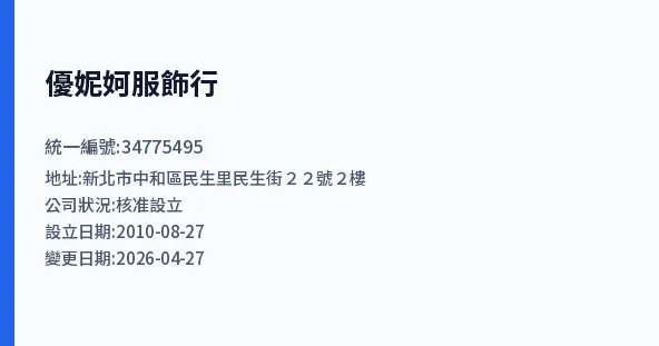 優妮妸服飾行的照片-統編 34775495(新北市) 公司登記資料與營業項目詳細圖表
