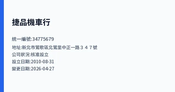 捷品機車行的照片-統編 34775679(新北市) 公司登記資料與營業項目詳細圖表
