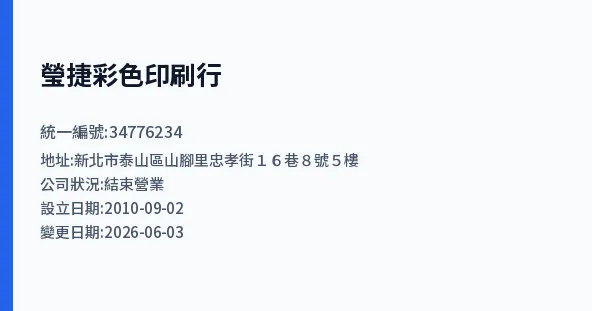 瑩捷彩色印刷行的照片-統編 34776234(新北市) 公司登記資料與營業項目詳細圖表