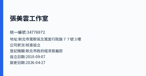 張美雲工作室的照片-統編 34776972(新北市) 公司登記資料與營業項目詳細圖表
