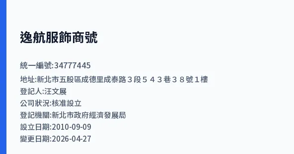 逸航服飾商號的照片-統編 34777445(新北市) 公司登記資料與營業項目詳細圖表