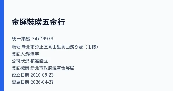 金運裝璜五金行的照片-統編 34779979(新北市) 公司登記資料與營業項目詳細圖表