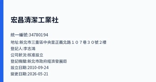 宏昌清潔工業社的照片-統編 34780194(新北市) 公司登記資料與營業項目詳細圖表