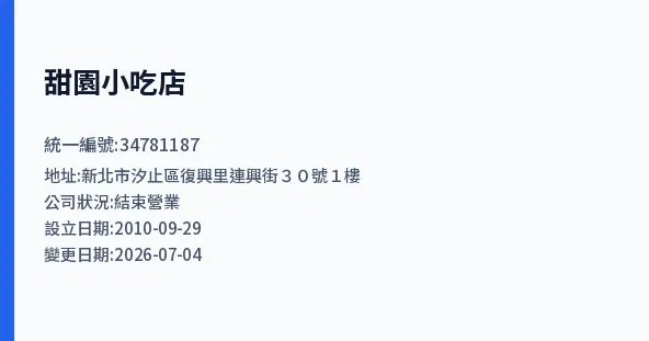 甜園小吃店的照片-統編 34781187(新北市) 公司登記資料與營業項目詳細圖表