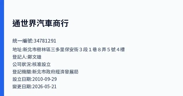 通世界汽車商行的照片-統編 34781291(新北市) 公司登記資料與營業項目詳細圖表