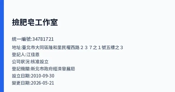 撿肥皂工作室的照片-統編 34781721(臺北市) 公司登記資料與營業項目詳細圖表