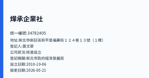 燁承企業社的照片-統編 34782405(新北市) 公司登記資料與營業項目詳細圖表