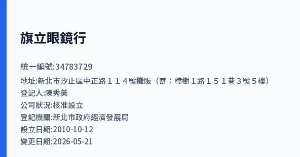 旗立眼鏡行的照片-統編 34783729(新北市) 公司登記資料與營業項目詳細圖表