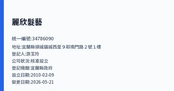 麗欣髮藝的照片-統編 34786090(宜蘭縣) 公司登記資料與營業項目詳細圖表