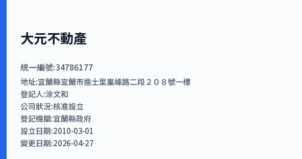大元不動產的照片-統編 34786177(宜蘭縣) 公司登記資料與營業項目詳細圖表