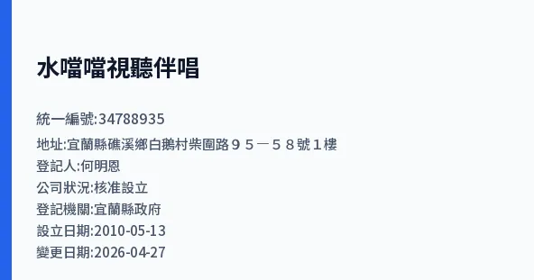 水噹噹視聽伴唱的照片-統編 34788935(宜蘭縣) 公司登記資料與營業項目詳細圖表