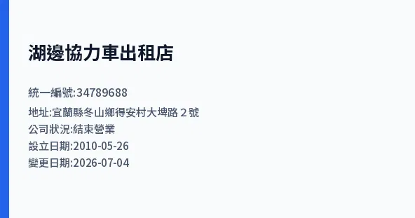 湖邊協力車出租店的照片-統編 34789688(宜蘭縣) 公司登記資料與營業項目詳細圖表