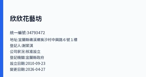欣欣花藝坊的照片-統編 34793472(宜蘭縣) 公司登記資料與營業項目詳細圖表