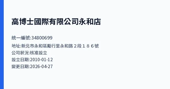 高博士國際有限公司永和店的照片-統編 34800699(新北市) 公司登記資料與營業項目詳細圖表