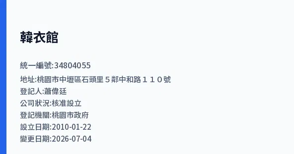 韓衣館的照片-統編 34804055(桃園市) 公司登記資料與營業項目詳細圖表