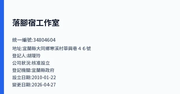 落腳宿工作室的照片-統編 34804604(宜蘭縣) 公司登記資料與營業項目詳細圖表