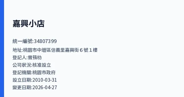 嘉興小店的照片-統編 34807399(桃園市) 公司登記資料與營業項目詳細圖表