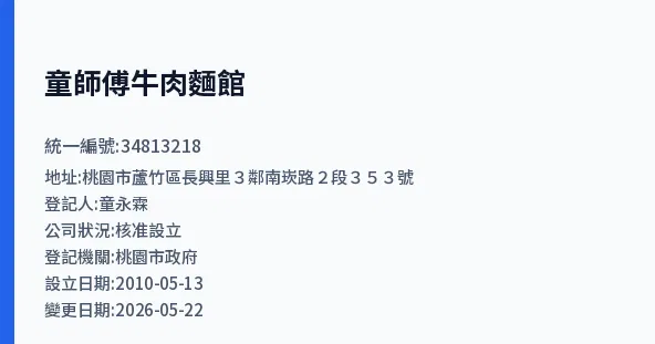 童師傅牛肉麵館的照片-統編 34813218(桃園市) 公司登記資料與營業項目詳細圖表