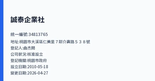 誠泰企業社的照片-統編 34813765(桃園市) 公司登記資料與營業項目詳細圖表