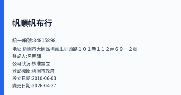 帆順帆布行的照片-統編 34815898(桃園市) 公司登記資料與營業項目詳細圖表