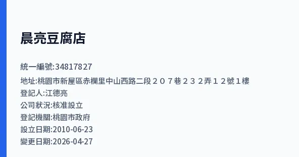 晨亮豆腐店的照片-統編 34817827(桃園市) 公司登記資料與營業項目詳細圖表