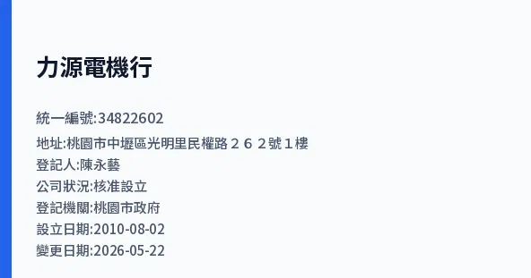 力源電機行的照片-統編 34822602(桃園市) 公司登記資料與營業項目詳細圖表
