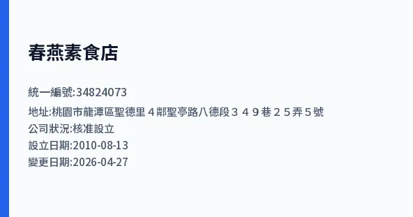 春燕素食店的照片-統編 34824073(桃園市) 公司登記資料與營業項目詳細圖表