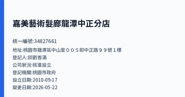 嘉美藝術髮廊龍潭中正分店的照片-統編 34827661(桃園市) 公司登記資料與營業項目詳細圖表