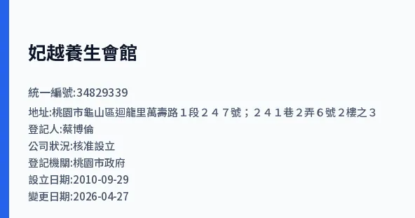 妃越養生會館的照片-統編 34829339(桃園市) 公司登記資料與營業項目詳細圖表