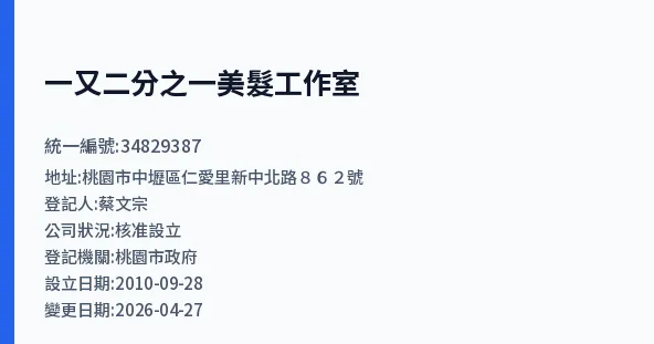 一又二分之一美髮工作室的照片-統編 34829387(桃園市) 公司登記資料與營業項目詳細圖表