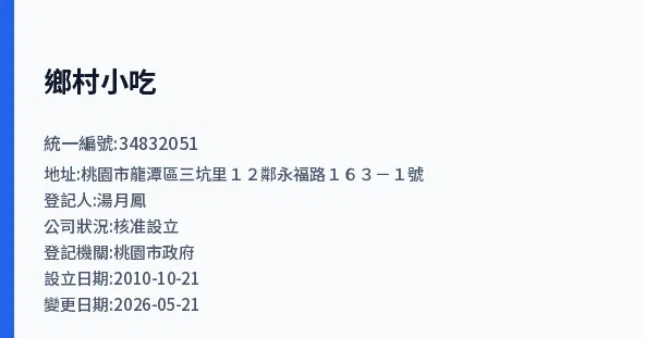 鄉村小吃的照片-統編 34832051(桃園市) 公司登記資料與營業項目詳細圖表