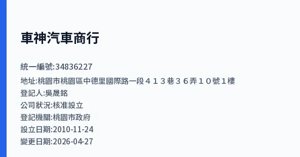 車神汽車商行的照片-統編 34836227(桃園市) 公司登記資料與營業項目詳細圖表