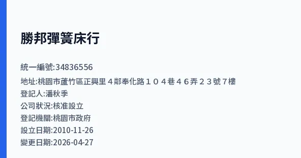 勝邦彈簧床行的照片-統編 34836556(桃園市) 公司登記資料與營業項目詳細圖表