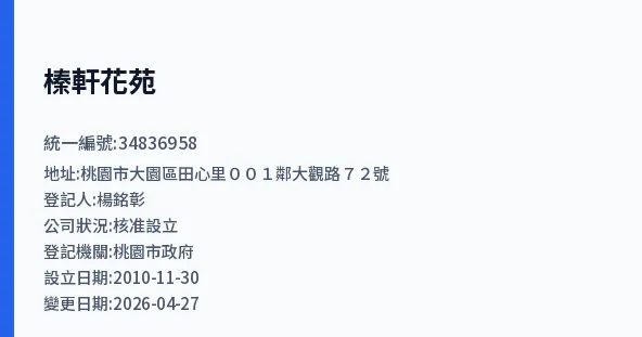 榛軒花苑的照片-統編 34836958(桃園市) 公司登記資料與營業項目詳細圖表